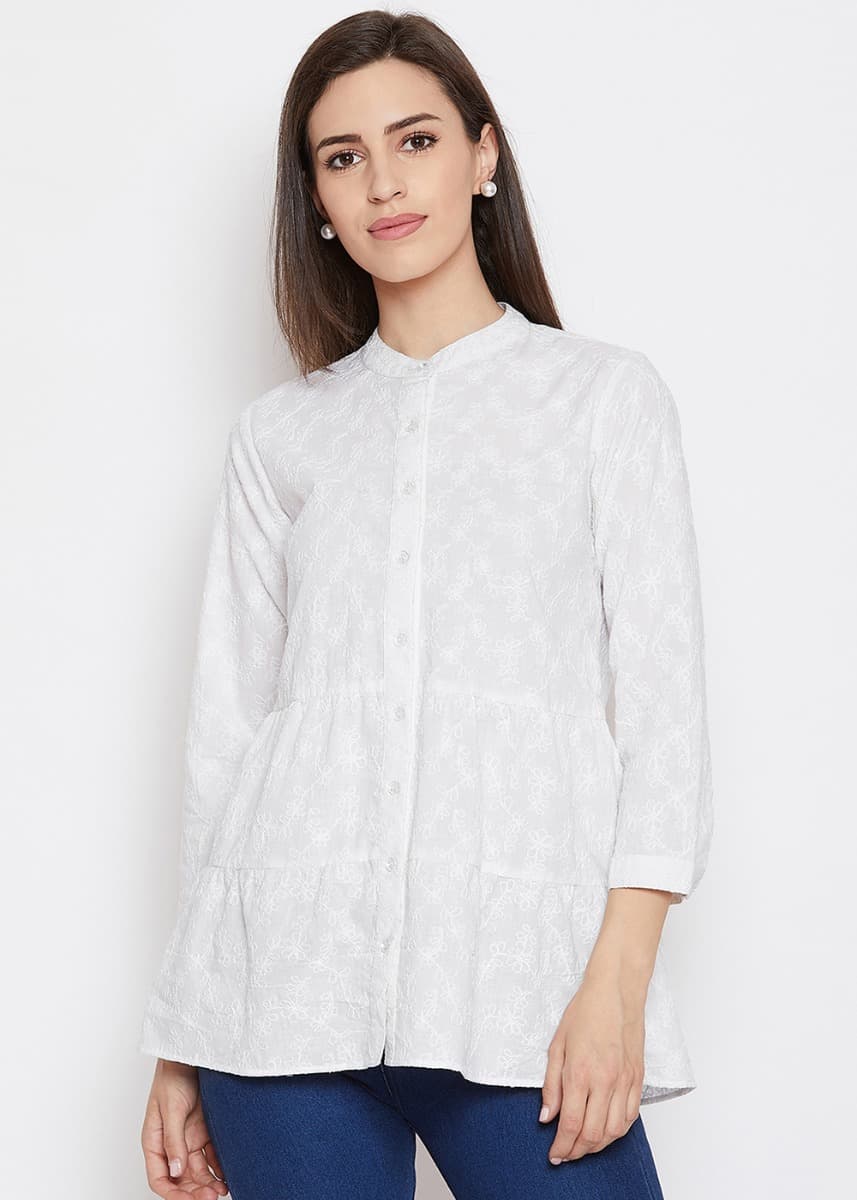 Get Handmade White Floral Embroidered Tiered Top at ₹ 999 | LBB Shop