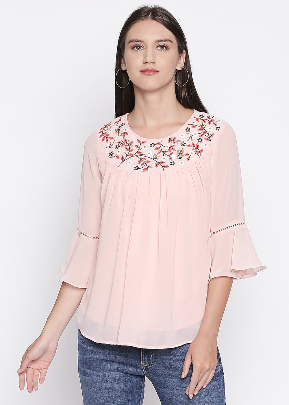 Get Peach Round Neck Floral Embroidered Top at ₹ 839 | LBB Shop